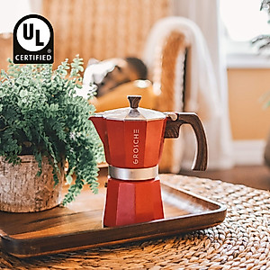 GROSCHE Milano Stovetop Espresso Maker Moka pot 3 espresso Cup - 5 oz, Red and 3 Replacement Seals Gaskets Bundle Stove top coffee maker Moka Italian espresso coffee maker and replacement gaskets