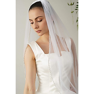 ELAWBTY Womens 1 Tier Fingertip Length Short Crystal Beaded Wedding Bridal Veil With Comb X09 Ivory