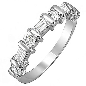 Dazzlingrock Collection 1.00 Carat (ctw) Round & Baguette White Diamond Classic Thin Anniversary Wedding Band Ring for Laides 1 CT, 18K White Gold, Size 7.5