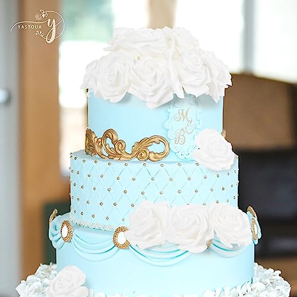 Yastouay 50Pcs 3.5inch Foam Rose Heads White Artificial Flowers Bulk Fake Foam Roses Stemless with Rhinestones & Butterfly for DIY, Baby Bridal Shower Cake Home Wedding Decor