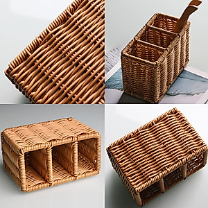 Kitchen Utensil Holder for Countertop Wicker Utensil Caddy Cutlery Holder Silverware Caddy Natural Woven Flatware Caddy with 3 Compartment for Hold Forks,Knives,Spoons,Napkins,Indoor or Outdoor,Brown