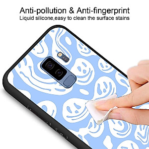 zaztify Phone Case for Samsung Galaxy S9 Plus, Pastel Light Blue White Funny Trippy Dripping Smile Melted Hippie Smiling Skull Ghost Face Shockproof Protective Cover Shell