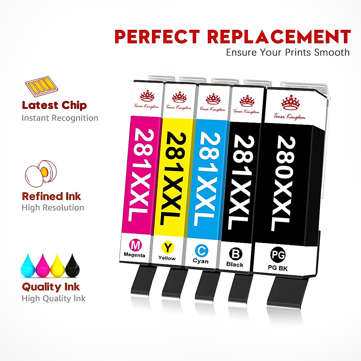 Toner Kingdom Compatible Ink Cartridge Replacement for Canon 280 281 PGI-280XXL CLI-281XXL PGI 280 CLI 281 XXL Ink for PIXMA TR7520 TR8520 TS6120 TS6220 TS6320 TS8120 TS9120 TS9520 Printer (5 Pack)