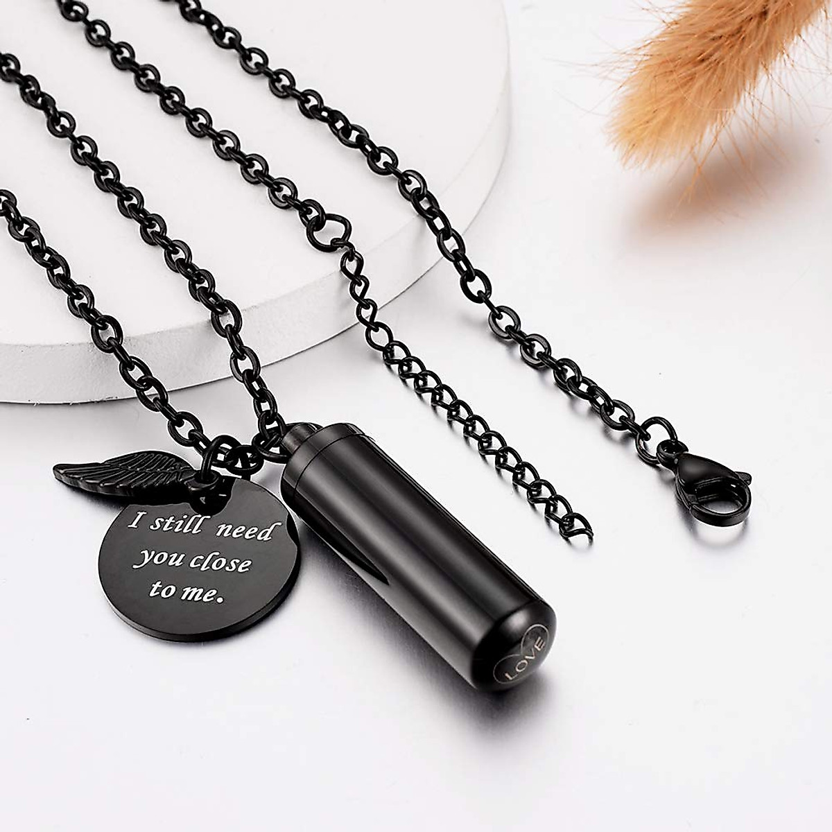 abooxiu Cylinder Urn Necklace for Ashes Cremation Jewelry/Keychain for human Pet Stainless Steel Memorial Keepsake Pendant with Angel Wing Charm Ashes Jewelry-Black M