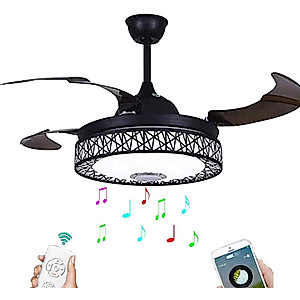 SenHome 42 Inch Ceiling Fan with Light and Remote LED Three-Light Retractable Blades with Bluetooth Speaker Music Ceiling Light for Living room/Restaurant/Hall