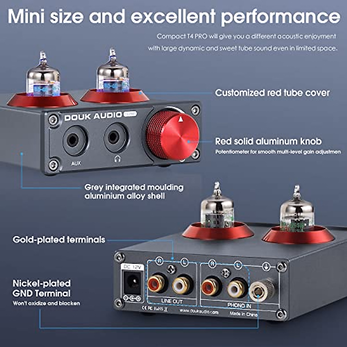 Douk Audio T4 PRO Vacuum Tube Phono Preamp, MM Turntable Preamplifier, GE5654 Hi-Fi Headphone Amp for Home Theater/Record Player/Stereo Amplifier/Active Speaker