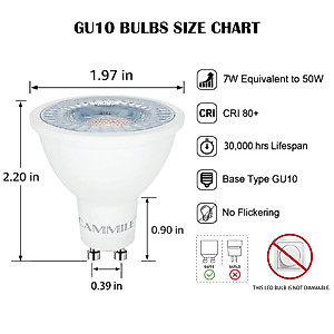 CAMMILE GU10 LED Light Bulbs, 50W Halogen Equivalent, Non Dimmable, 5000K Daylight White Natural Light, LED Bulb Replacement for Track&Recessed Lighting, AC120V Light Bulb 7W 630lm, Pack of 6