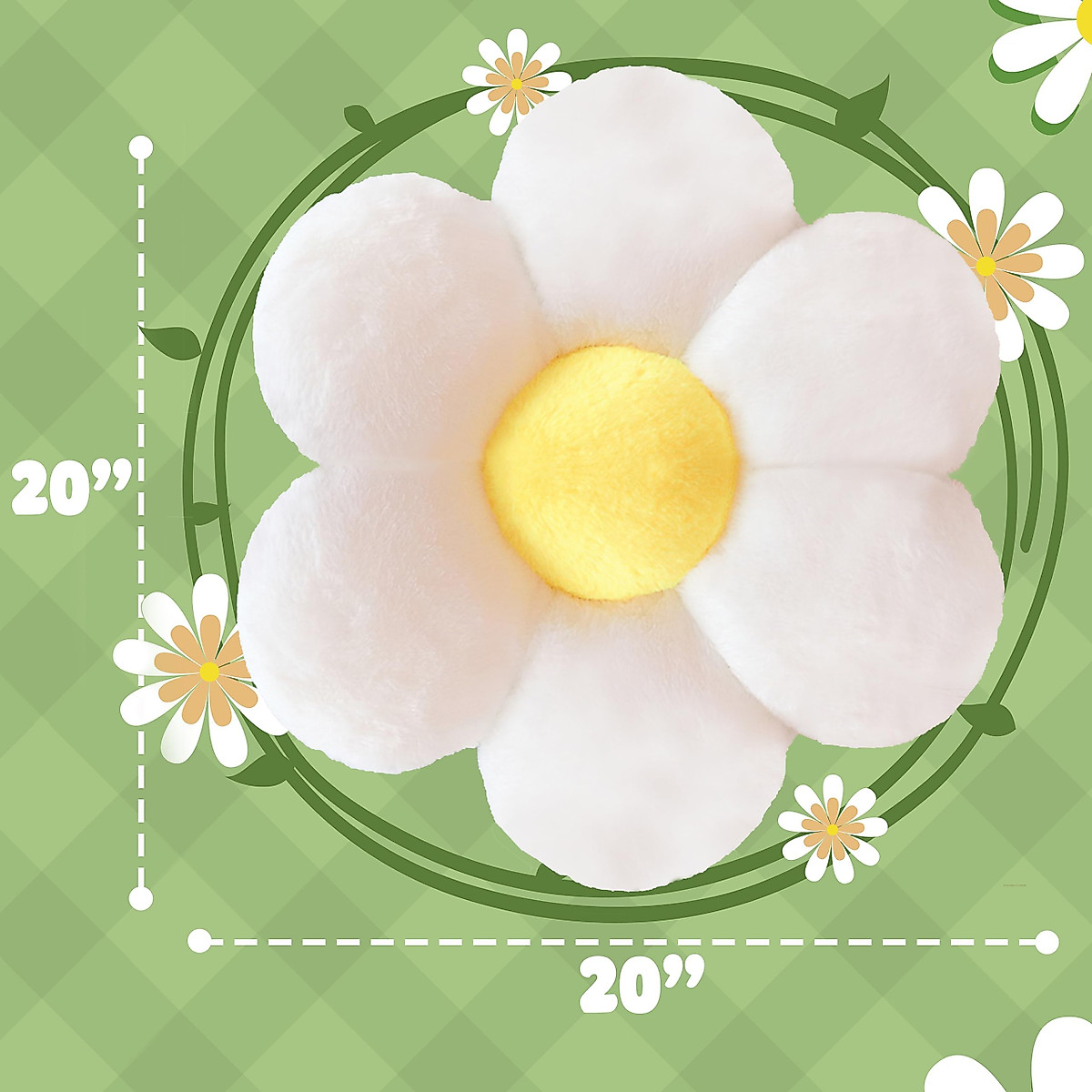 AmyToo 20” Flower Pillow Shaped Throw Pillow Daisy Pillow Plant White Pillows Aesthetic Room Floor Cushion Decor for Teen Girls Sofa Bedroom Kids' Throw Pillows