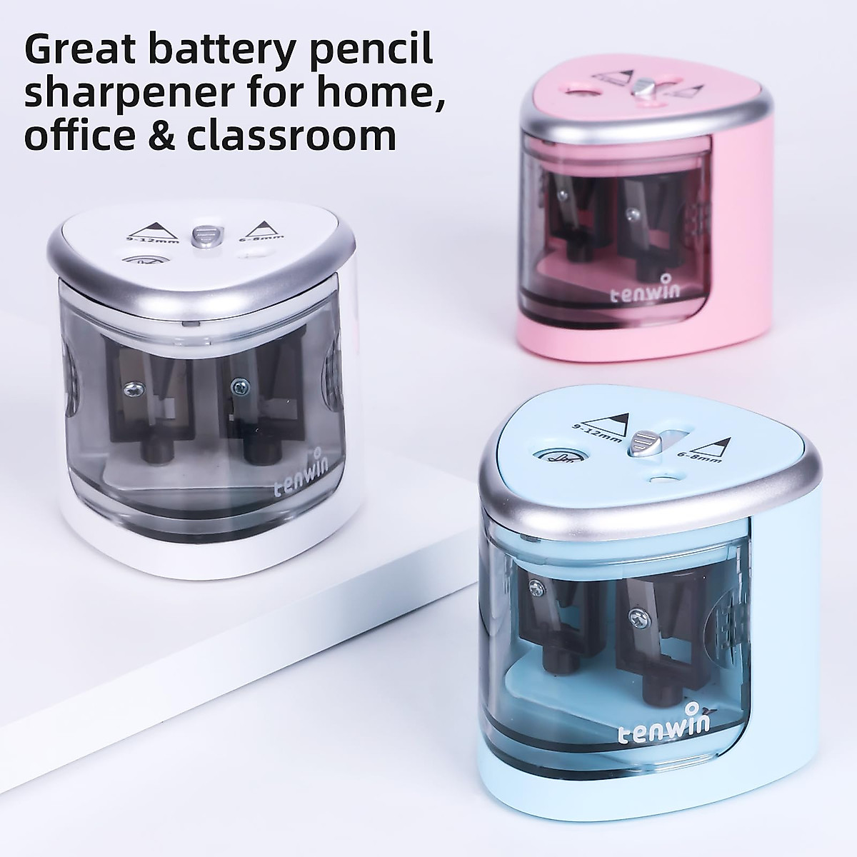 tenwin Electric Pencil Sharpener for Colored Pencils, Battery Operated Pencil Sharpeners for No.2 and 6-12mm Pencils, Dual Hole for Office School Artists Adults Kids Use（Silver）