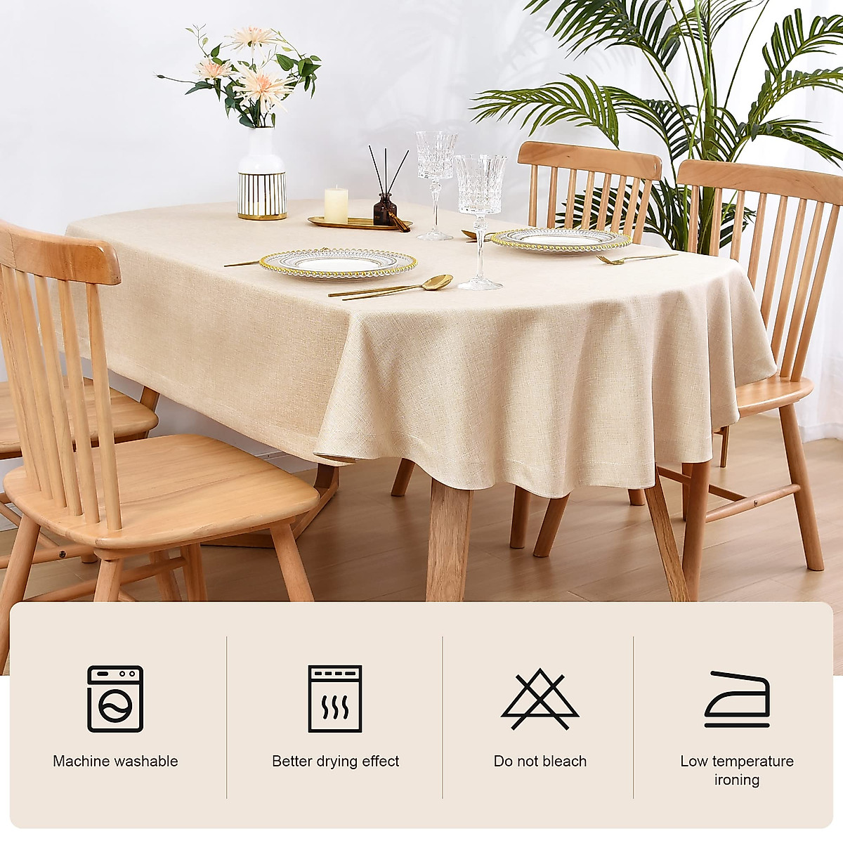 Wolkemer Faux Linen Oval Tablecloth Heavy Duty Wrinkle Resistant Fabric Table Cloths 60 x 84 Inch Beige Farmhouse Rustic Table Cover for Kitchen Dining Indoor Outdoor Tabletop Decoration