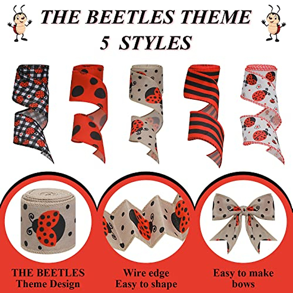 5 Rolls 2.5 Inch x 30Yards Ladybugs Canvas Ribbons Lady Bug Wire Edged Wrapping Ribbon Red Polka Dot Wired Edge Ribbon Grosgrain Red Dot Craft Ribbon for Crafting Wrapping Party Decoration