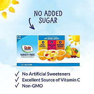 Dole Fruit Bowls No Sugar Added Variety Pack, Peaches, Mandarin Oranges & Cherry Mixed Fruit, Back To School, Gluten Free Snack, 4oz, 12 Cups