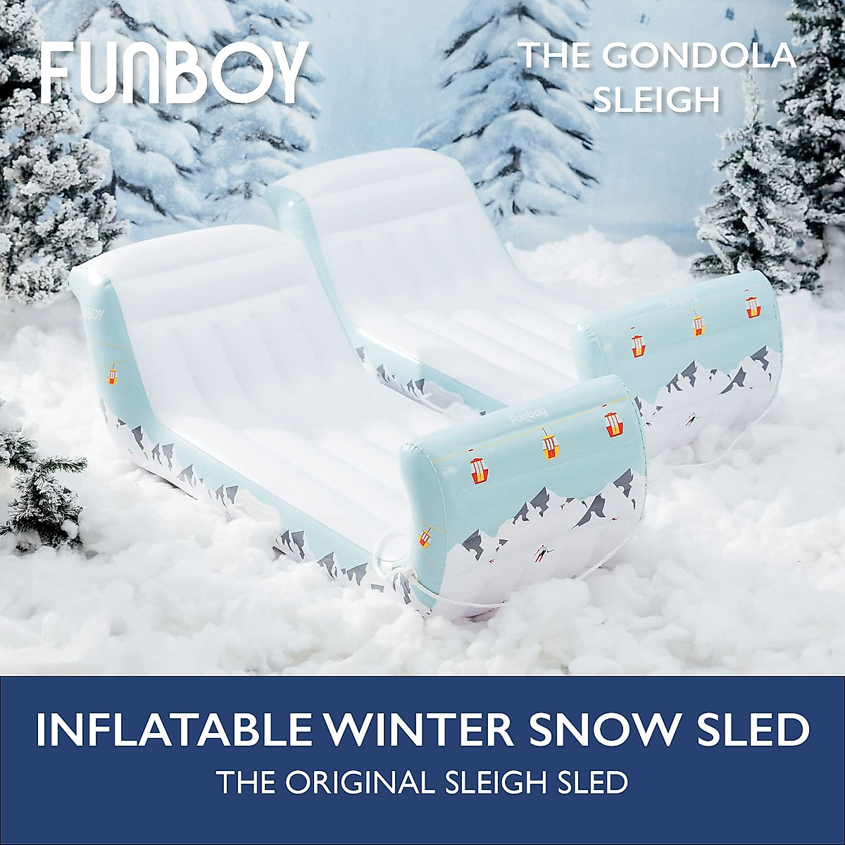 FUNBOY 2 Pack, 61" Inflatable Alpine Mountain Sleigh, 2 Person Capacity, with Grooved Rubber Base Tracks, 2 Handles, and Hand Pull Rope