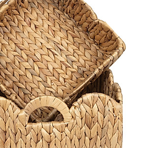 Set of 2 Scalloped Basket | Hand Woven Scallop Basket | Scalloped Wicker Basket with Handles | Scalloped Edge Basket Shelf Decorative | Natural Water Hyacinth scalloped baskets for Organizing