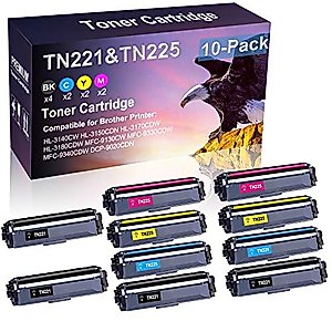 10 Pack (BK+C+Y+M) Compatible HL-3180CDW MFC-9130CW MFC-9330CDW Laser Printer Toner Cartridge Replacement for Brother TN221 | TN225 | TN225 Printer Toner Cartridge (High Capacity)