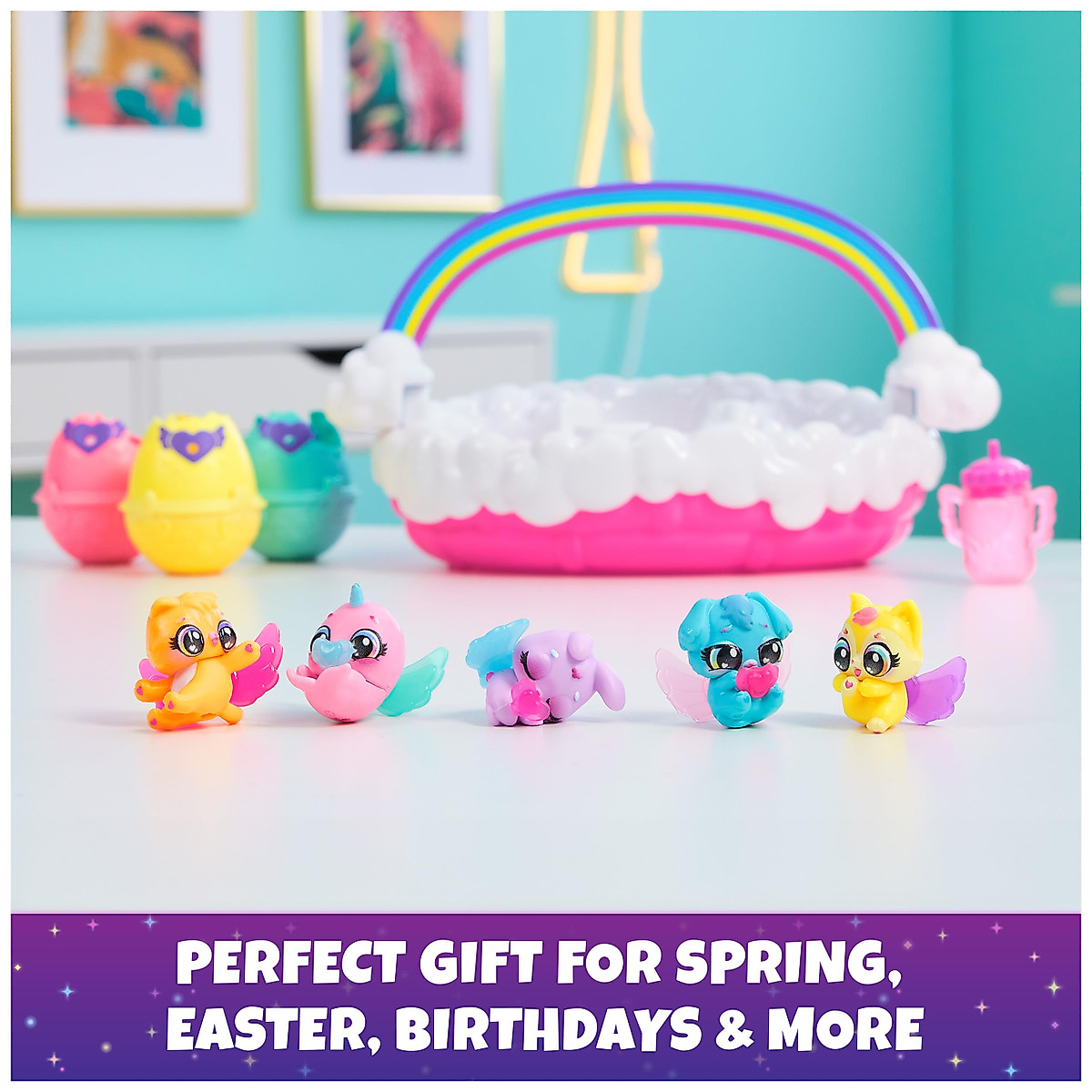 Hatchimals Alive, Neon Rainbow Spring Basket Toy (Styles May Vary), 3 Self-Hatching Easter Eggs, Fun Gift & Kids Toys for Girls & Boys Ages 3 and up