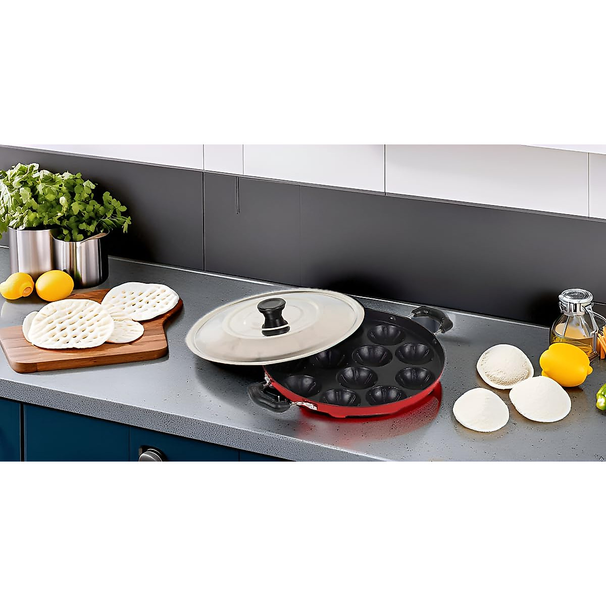 KASHVIYA Heavy 12 Cavities Non Stick Appam Patra With Stainless Lid,Red (Paniyarrakal/Paniyaram/Appam Pan/Maker/Pan Cake Maker), Aluminium (Large Black)(Gas Compatible)