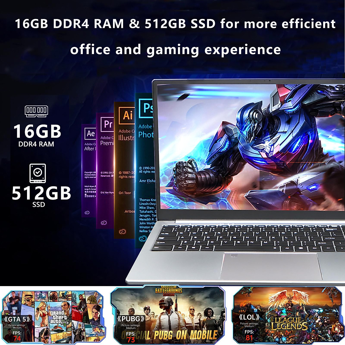 KUU Laptop Computer, 16GB RAM 512GB SSD Gaming Laptop, i7-1185G7, 15.6 Inch Laptop, Windows 11 Pro, WiFi 6E, Type-C, RJ45 and Backlit Keyboard, Fingerprint Unlock