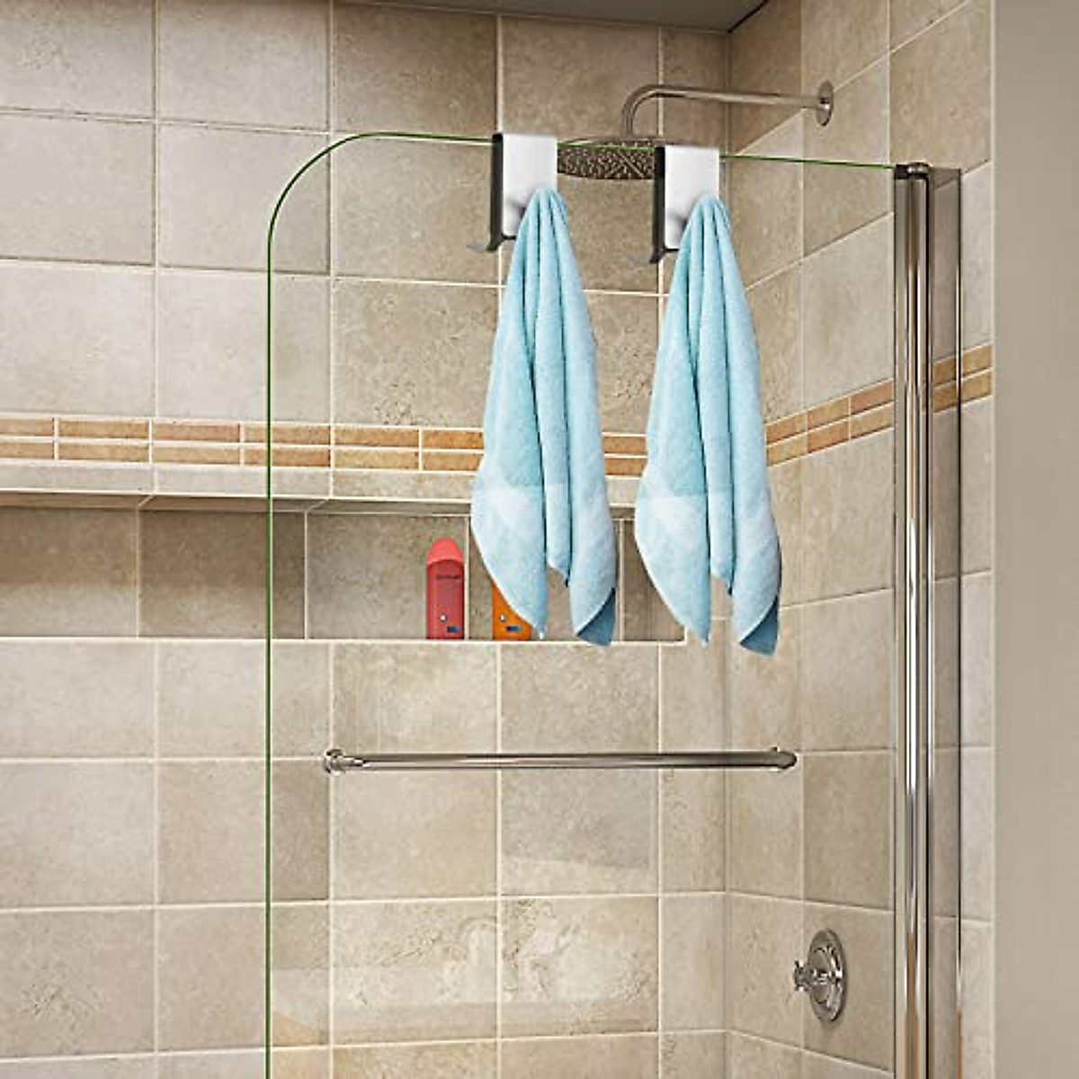 JiGiU Over Shower Glass Door Hook, 4 Pack Over Door Hooks for Shower Door Silver 304 Stainless Steel Rack Hooks Brushed Nickel Over The Door Hanging Shower Squeegee Hook No Drill for Bathroom