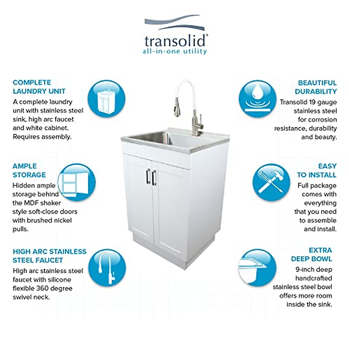 Transolid TC-2420-WC 24-in. All-in-One Laundry/Utility Sink Kit, White/Stainless Steel