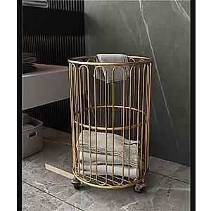OVARIA Rolling Hamper with Wheels, Round Mesh Metal Laundry Hamper, Square Clothes Basket, Laundry Rolling Cart for Bathroom Bedroom Storage Dirty Clothes Storage(Color:Gold,Size:Round)