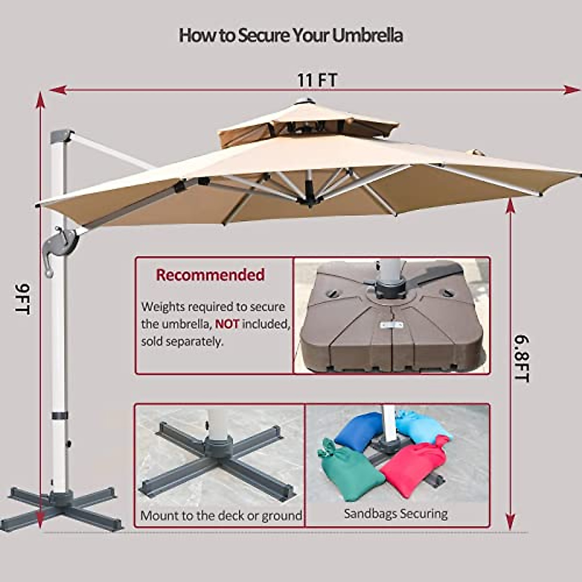 Mojia 11 FT Cantilever Patio Umbrella with Cross Base and Cover Included - 360° Rotation Offset Hanging Umbrella Large Heavy Duty Outdoor Umbrella with Easy Tilt for Pool Backyard Deck Garden, Khaki