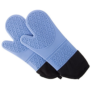 Silicone Oven Mitts – Extra Long Professional Quality Heat Resistant with Quilted Lining and 2-sided Textured Grip – 1 pair Blue by Bedford Home