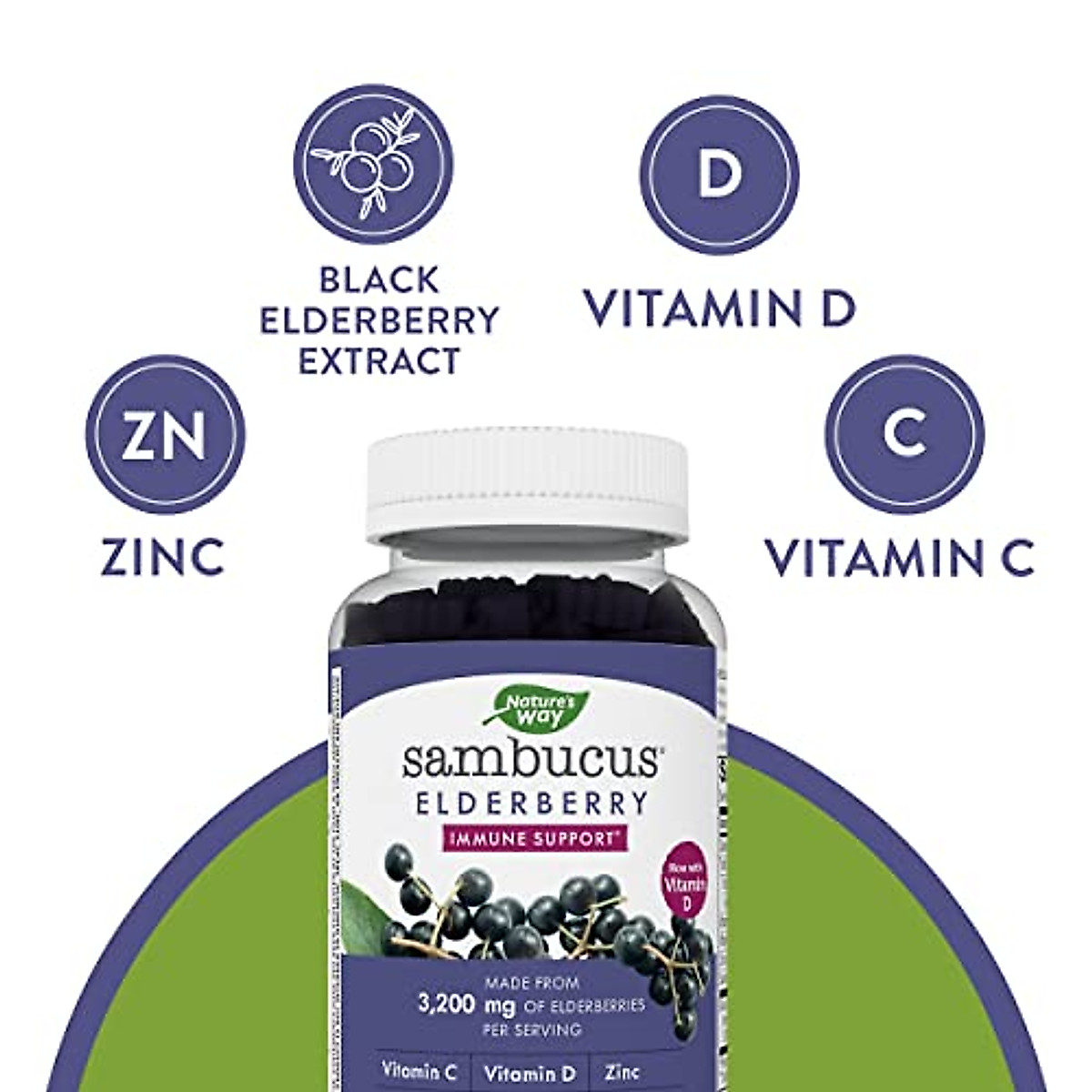 Nature’s Way Sambucus Elderberry Gummies, With Vitamin C, Vitamin D and Zinc, Immune Support for Kids and Adults*, 60 Gummies (Packaging May Vary)