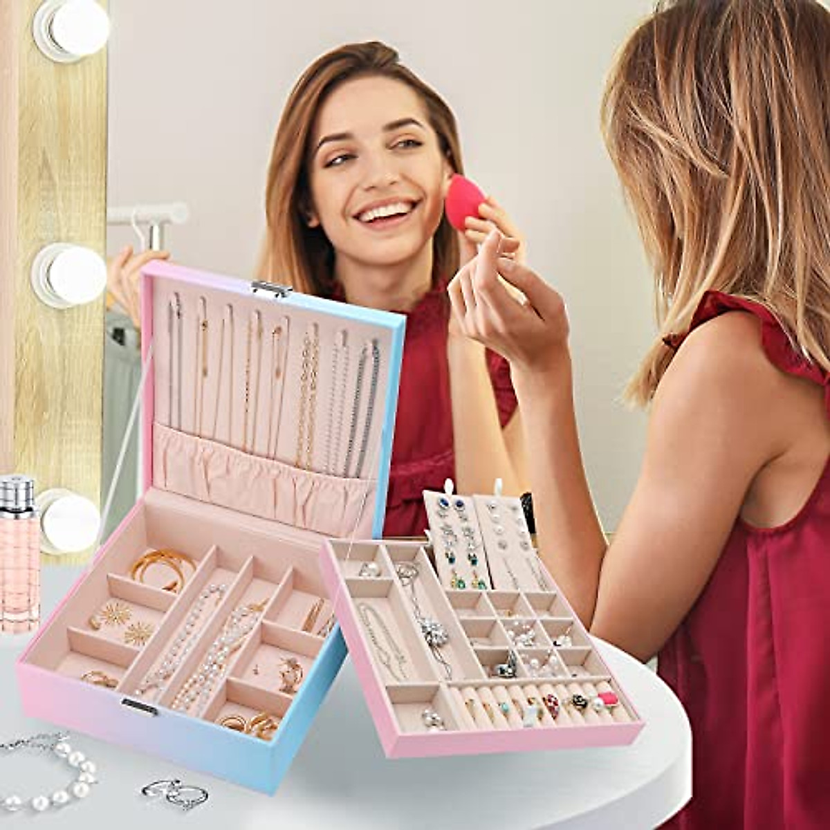 ProCase Jewelry Box for Women, 2 Layers Large Leather Jewelry Organizer Storage Case with Removable Pad for Earrings -Gradient