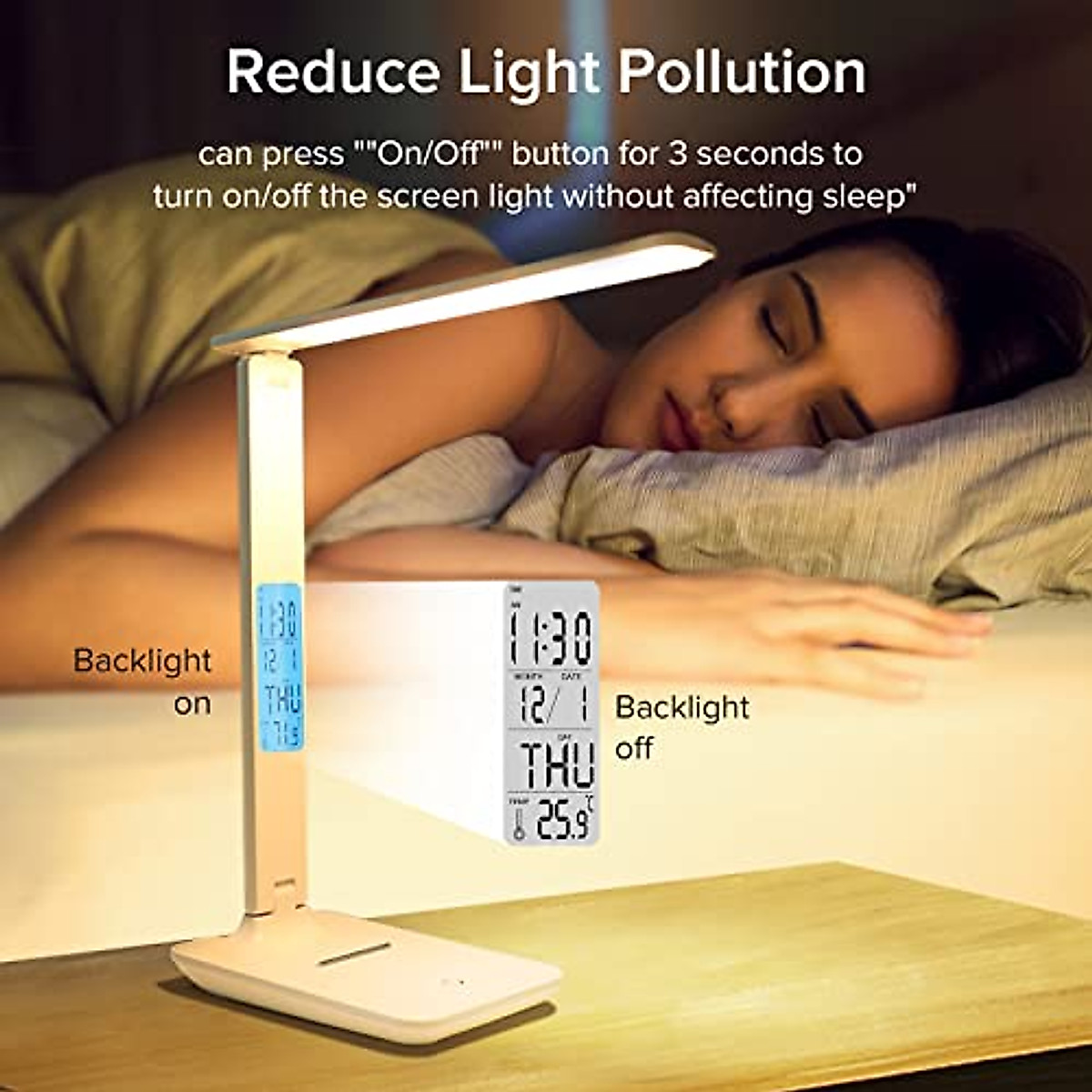 Desk Lamp LED Desk Light, Smart Features(Clock, Alarm, Date, Temperature)-Adjustable, Foldable Touch Table Lamp, 3 Levels of Dimmable Lighting - Suitable for Office, Bedroom, Study (TC25 White)