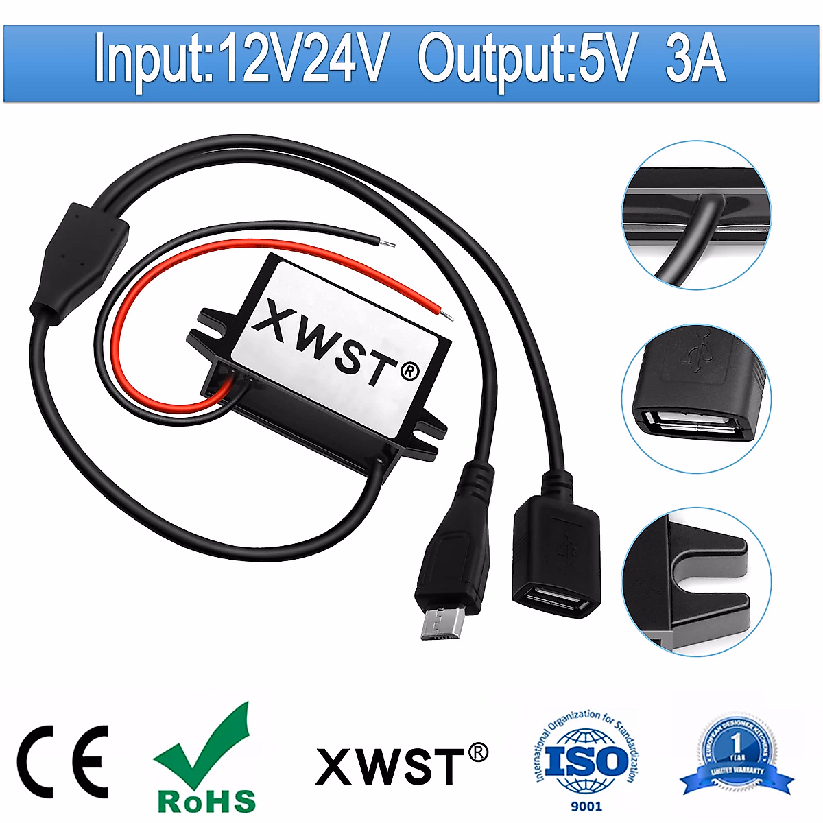 XWST DC to DC 12V 24V to 5V 3A 15W 15watt with Micro and USB Output Power Adapter Converter 8V-40V to 5V Voltage Buck Regulator,Step-Down Module,Waterproof Power Adapt 5V Volt Transformer Module
