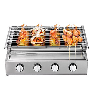4 Burners BBQ Gas Grill, Commercial Gas Grill Griddle, Gas Indoor/Outdoor Grill BBQ Grill with Temperature Control, Flat Hotplate Smokeless Grill