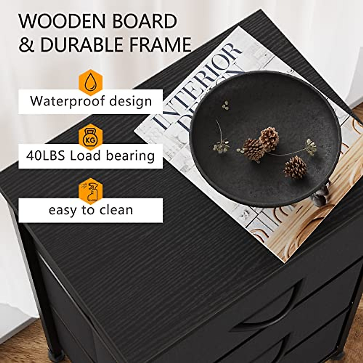 CubiCubi Dresser Nightstand for Bedroom with 3 Drawers, Small Storage Tower Organizer Unit for Closet, Office, Living Room, Hallway, Entryway, Fabric Drawers, Wood Board, Black Grey