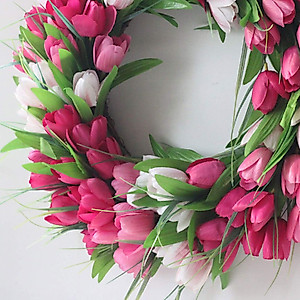 WDDH Artificial Tulip Wreath, 12inch Round Front Door Tulip Wreath with Rattan Base, Spring Tulip Floral Wreath for Wedding Arch Home Garden Decor