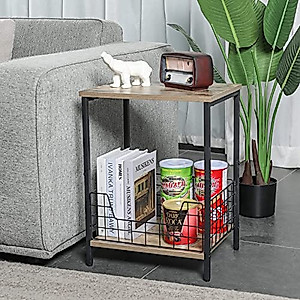 2-Tier Record Player Table, Industrial Retro Side Table Nightstand Small End Table for Living Room Bedroom Kitchen Office Small Spaces, Record Player Stand with Record Album Storage-Rustic Brown