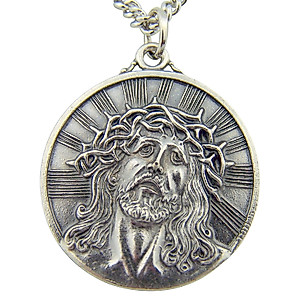 CB Silver Toned Base Thorn Crown ECCE Homo Sorrowful Jesus Christ Head Medal, 1 1/8 Inch