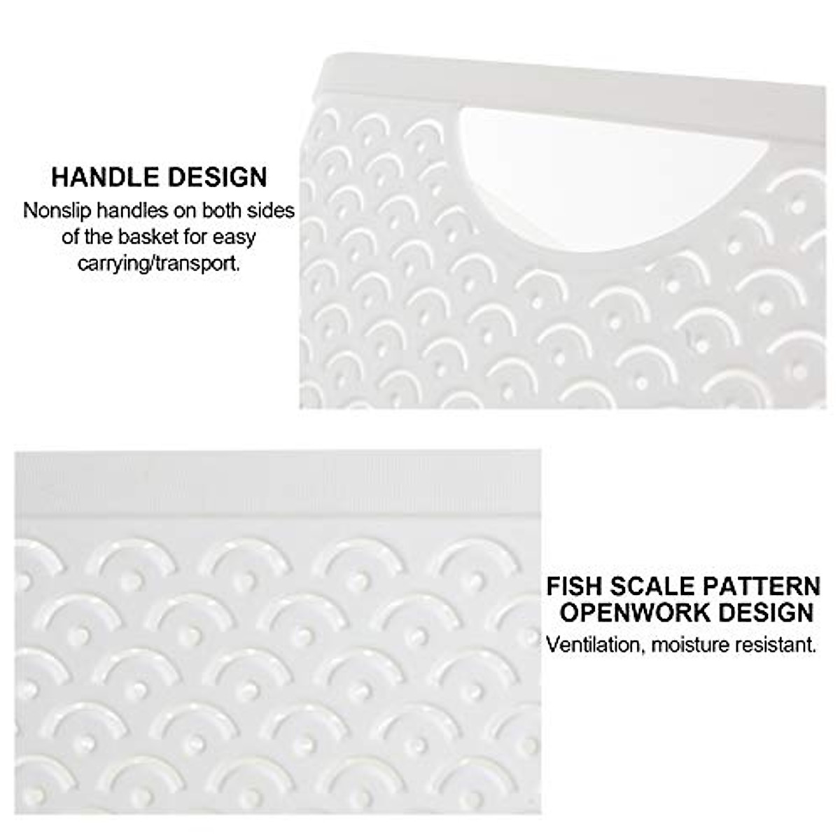STARVAST 3 Pack Plastic Storage Baskets, Portable White Fish Scale Pattern Hollow Desktop Storage Bin Box with Handle for Kitchen, Bathroom, Kids Room or Nursery Storage – 13.8 x 11.2 x 5.1 inches