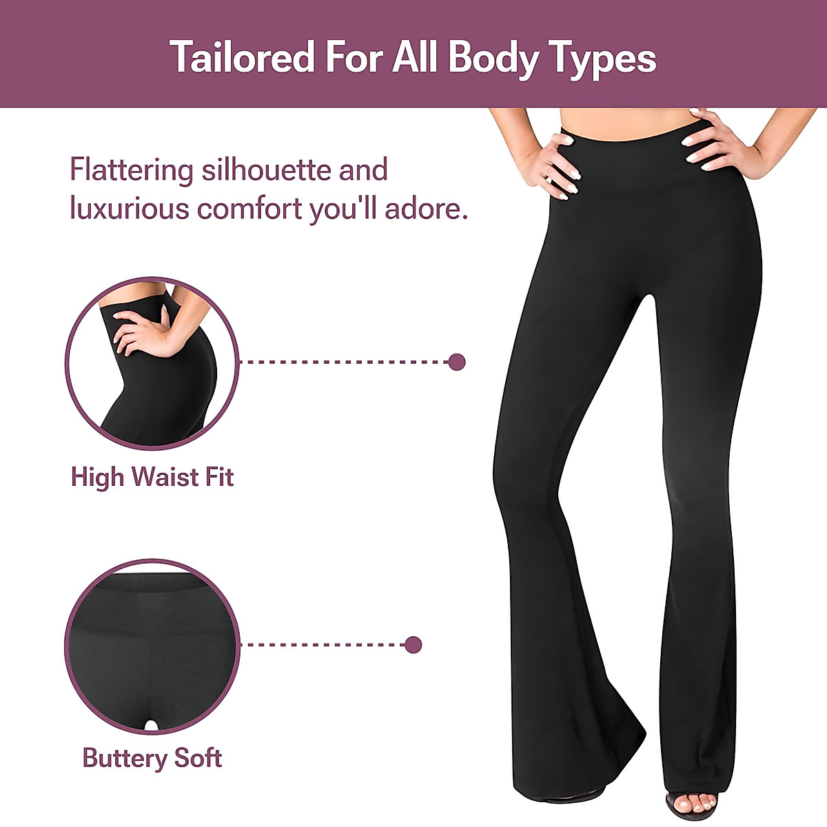 SATINA High Waisted Flare Leggings for Women - Bell Bottom Jeans, Hippy Pants - Buttery Soft Palazzo Yoga Pants with Versatile Sizing - Solid Black