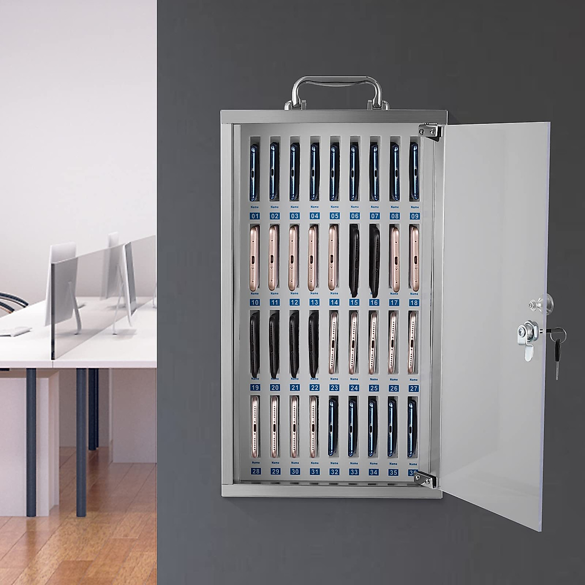 BANLICALI Phone Locker, 36-Slot Stainless Steel Cell Phone Locker Box, Desktop & Wall-Mounted Cell Phones Storage Cabinet with Door Locks and Handle for Classroom Office Employees Silver