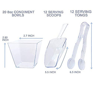 The Gourmet Goose 20 Dessert Cups & Candy Containers, 12 Plastic kitchen Scoops, 12 Tongs, Plastic Cups for Party, Appetizer Cups, Reusable Ice Cream Bar Accessories for Parties, Buffets