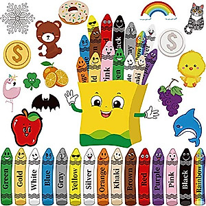 31 Pieces Colorful Crayons Bulletin Board Set Color Poster Crayons Colors Fruit Animal Cutout Resources Colors Cutout with Glue Point Dot for Educational Preschool Learning
