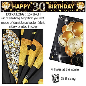 30th Birthday Party Decorations Yard Banner for Women Men, Black Gold Thirty Year Old Birthday Party Decorations for Him Her, 157 x 20inch Extra Large Birthday Party Backdrop Supplies PHXEY