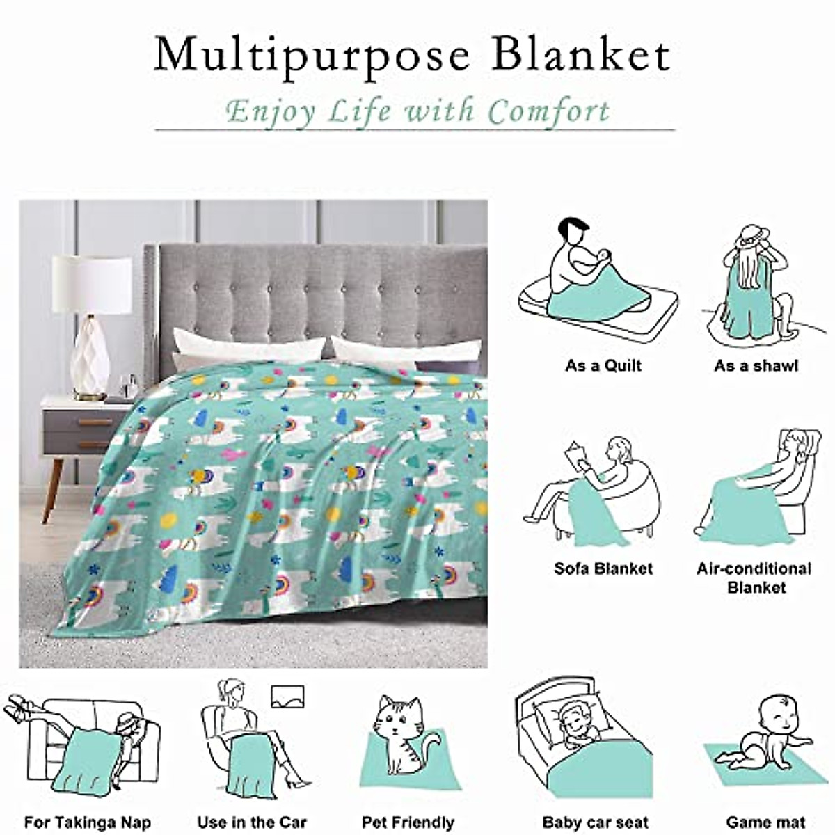 Llama Blanket, Llama Gifts for Women Girls, Soft Fleece Blanket for Baby Kid's Adults, Lightweight Warm Cozy Cute Alpaca Throw Blanket for Couch Bed Colorful Cactus Gifts - Teal Green 40"X50"