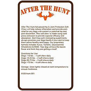 After The Hunt Advanced Hip & Joint Protection Dog Supplement with Glucosamine, Chondroitin & MSM - Inflammatory Pain Relief Chews to Help Flexibility - Bacon Flavored - Yucca & Turmeric - 120 Ct