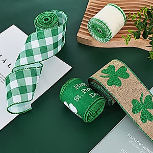 TONIFUL Green and White Wired Burlap Ribbon, 2.5 inch x 6yd, Green Plaid Check Ribbons for St Patrick's Day Decor，Spring Summer Wreath Making, Bows Crafts Gift Wrapping