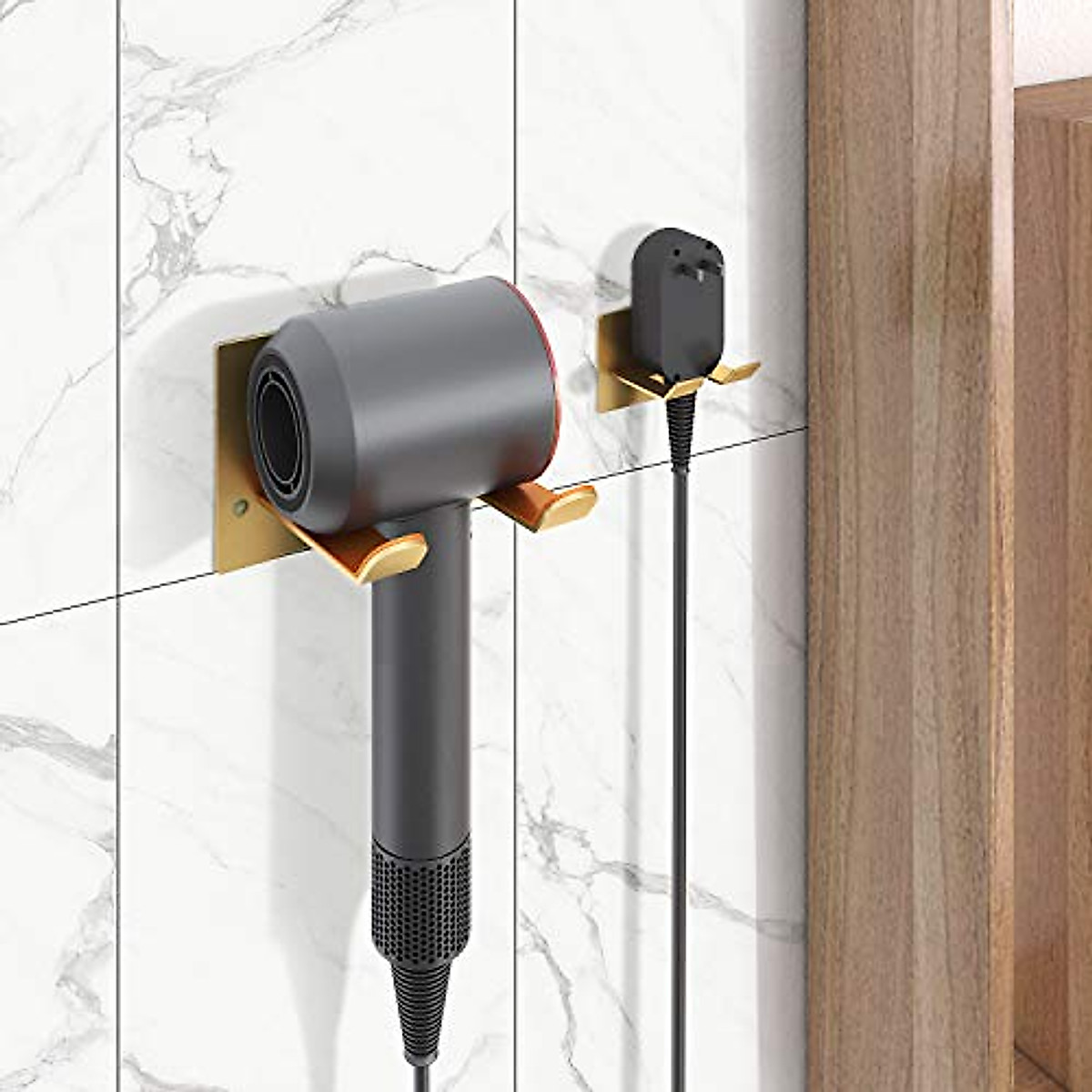 XIGOO Adhesive Hair Dryer Holder - Stick on Wall or Wall Mount Bathroom Hair Blow Dryer Rack Organizer Compatible with Dyson Supersonic Hair Dryers (Gold)