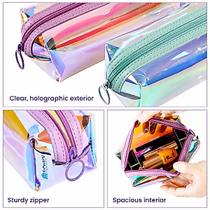 EzPacking Holographic Clear Makeup Pouch/Cute Iridescent Cosmetic Organizer/Sparkly Glittery Women’s Toiletries Holder/Transparent Ladies Zipper Bag for Purse or Tote (Lilac)