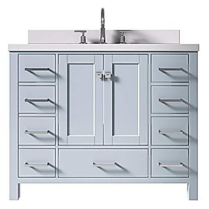 ARIEL Bathroom Vanity 43" Inch in Grey with Pure White Quartz Countertop, Rectangular Sink, 2 Soft Closing Doors and 9 Full Extension Dovetail Drawers, No Mirror