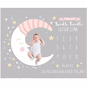 Baby Monthly Milestone Blanket Newborn Girl Pink Moon Star Smiley Hat Photo Props Shoots Backdrop Shower Gift Nursery Decor Photography Growing Infants Memory Swaddle Blanket with Headband Frame