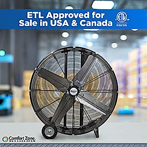 Comfort Zone CZMC42 42” 2-Speed High-Velocity Direct-Drive Industrial Drum Fan with Individually Balanced Aluminum Blades, All-Metal Construction, and Rubber Wheels, Black